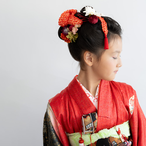 七五三7歳振袖髪飾り赤A】鹿の子(かのこ)ちんころ&水引き 七五三7歳振袖髪飾り赤A】鹿の子(かのこ)ちんころ&水引き