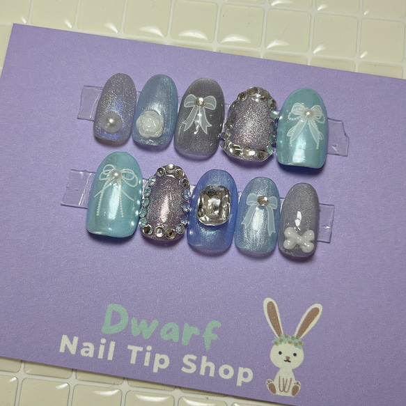 ♡ブルーリボンネイル♡ ネイルチップ（つけ爪） Dwarf Nail Tip 通販 18243962｜Creema(クリーマ)