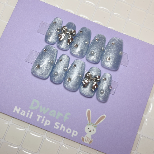 ♡水色マグネット×リボンネイル♡ ネイルチップ（つけ爪） Dwarf Nail Tip 通販 18279728｜Creema(クリーマ)