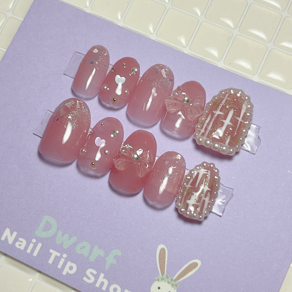 ピンクツイードリボンネイル♡ ネイルチップ（つけ爪） Dwarf Nail Tip 通販｜Creema(クリーマ) 18283851