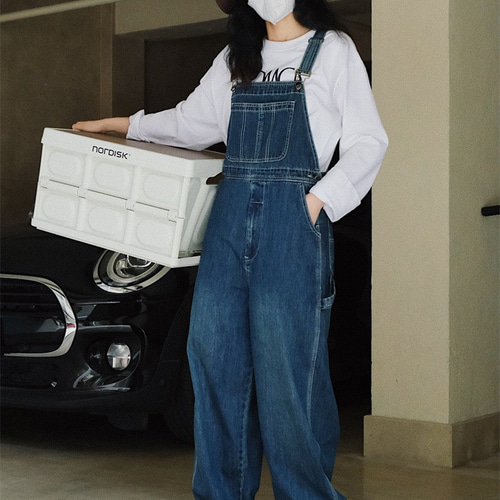 調整可能なストラップ付き、ゆったりシルエットデニムオーバーオール、通年着用可能 調節可能なショルダーストラップが付いたレトロなワークウェアデニム