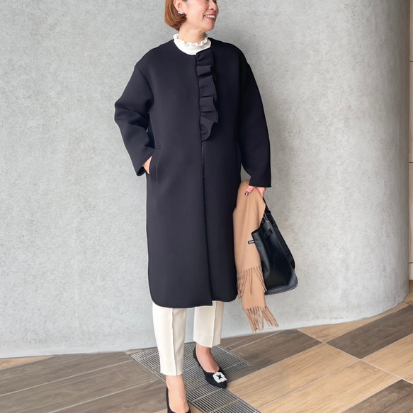 超ゆったり＆もっちりあったか♡大人可愛いフリルノーカラーコート 黒【フリー】フォーマル卒業式KMC-747 367292 コート keep ...