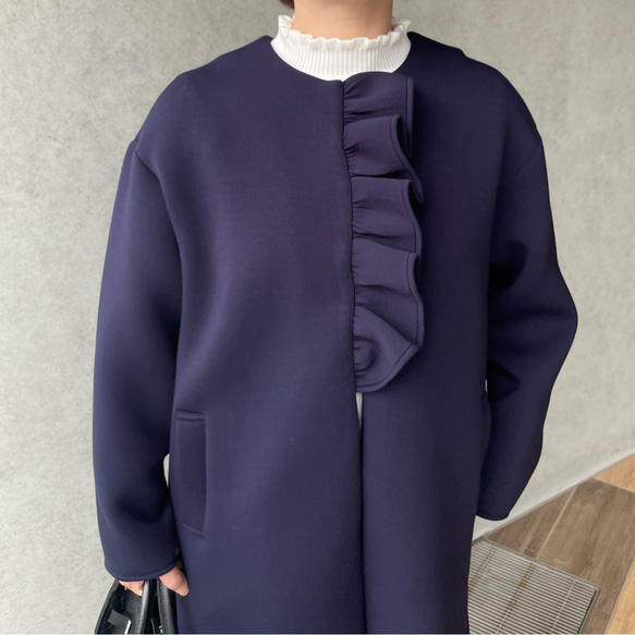 超ゆったり＆もっちりあったか♡大人可愛いフリルノーカラーコート 黒【フリー】フォーマル卒業式KMC-747 367292 コート keep ...