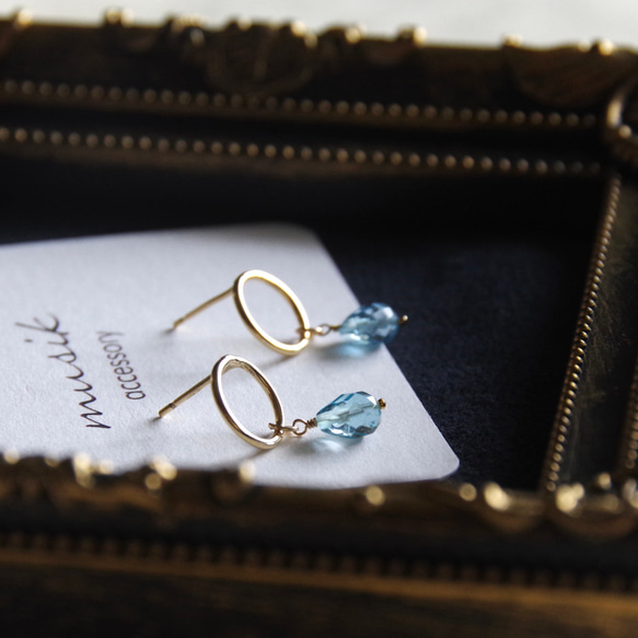 14kgf*【10㎜】サークルピアス×スイスブルートパーズ/天然石/ブルー/誕生石 ピアス（スタッド・一粒） -musik-accessory 通販｜Creema(クリーマ) 18429948