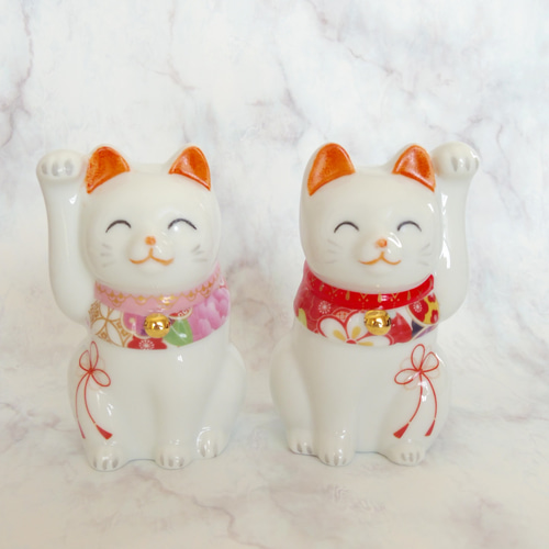 和柄の招き猫(ペア) 磁器 ポーセラーツ 招き猫 fee des neiges 和柄の招き猫(ペア) 磁器 ポーセラーツ 招き猫 fee des neiges