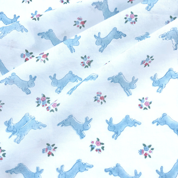 インド ブロックプリント生地 [30cm単位] Sanganeri うさぎとお花 ブルー PA ラビット 兎IF0166 生地 ...