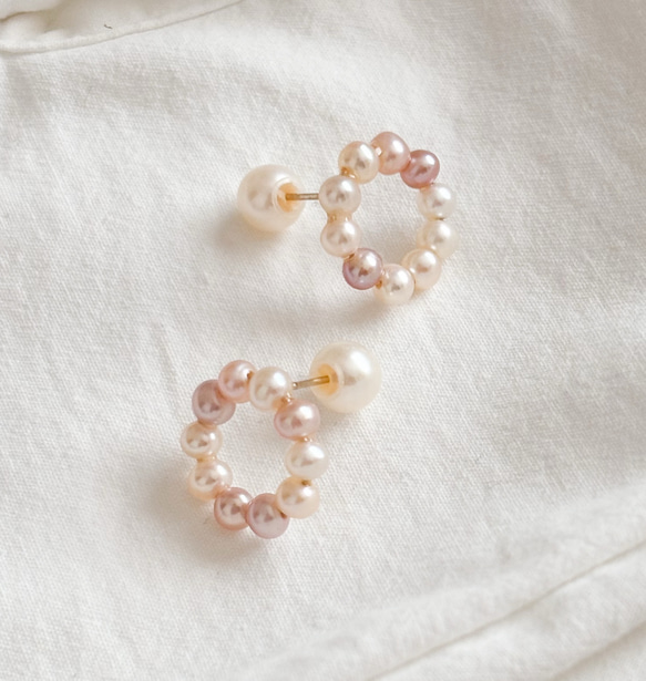 【受注製作】マルチカラーパールのサークルピアス＊(淡水パール)【14kgf】シンプルピアス 2ウェイ ピアス（スタッド・一粒） Pella ...