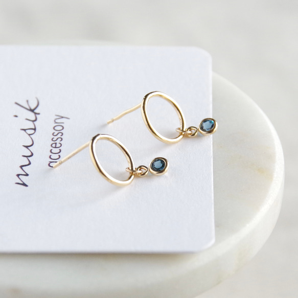 14kgf*【10㎜】サークルピアス×ロンドンブルートパーズ/誕生石/ブルー ピアス（スタッド・一粒） -musik-accessory 通販｜Creema(クリーマ) 18615972