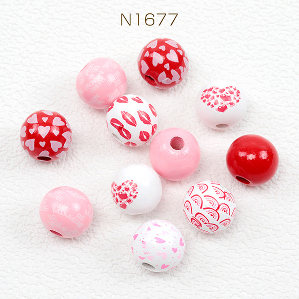 N1677 ランダム30個 ウッドビーズ 丸玉 バレンタイン ハート 縦穴あり ラウンドウッド 3 x（ランダム10ヶ） ビーズ beads ...