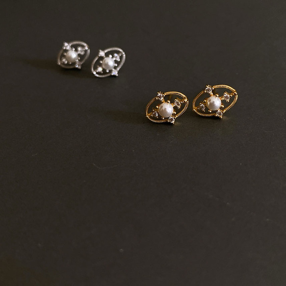 silver925 オーバルクロス パール ピアス フランスヴィンテージ風 CZ K14gp 41021-47 ピアス（スタッド・一粒） curro 通販 18731951｜Creema(クリーマ)