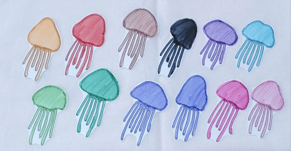 くらげ 海月 シール ハンドメイド 手作り フレークシール 手描き 一発描き 12枚 セット 可愛い ワンポイント 大 シール・ステッカー ...