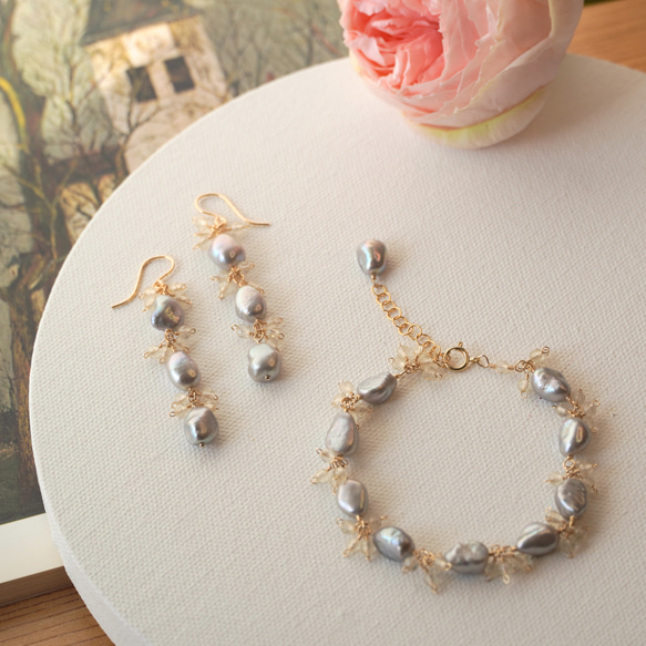 セットでお得に♡ 【All 14Kgf】グレー淡水パール×レモンクオーツ ピアス&ブレスレット セット ブレスレット Tiny.S (タイニイエス) 通販 18936748｜Creema(クリーマ)