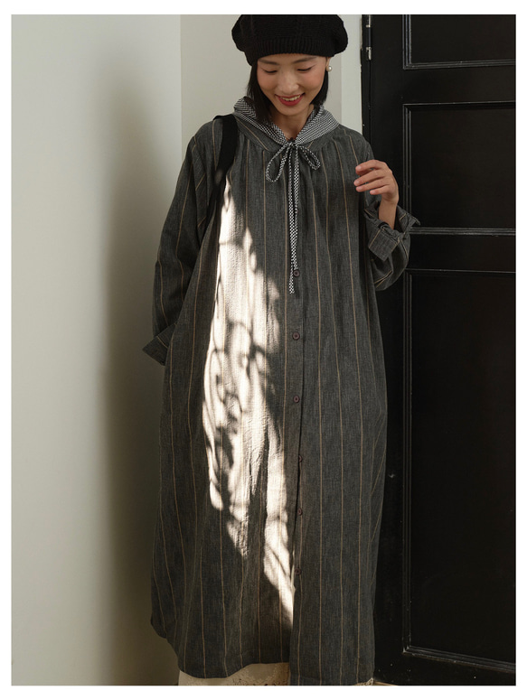 コットンリネン ゆったりシャツワンピース ストライプ柄 テントラインギャザー 体型カバー マタニティ ワンピース tumugi 通販 ...