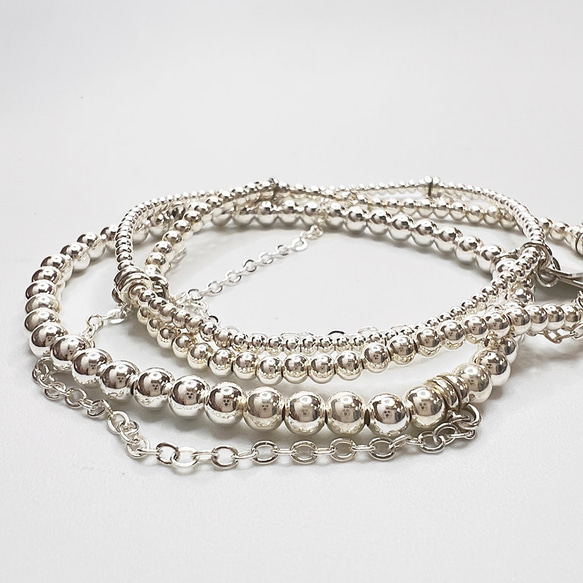 Silver Beaded Bracelet Beaded Stretch Chain with Link Dangle ブレスレット ...