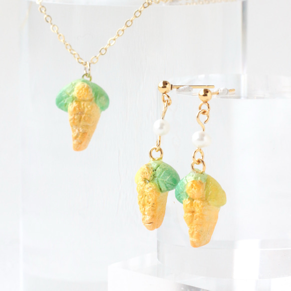 ミモザのネックレスと耳飾りセット（オーブン粘土/陶土) 春 黄色 小さめ プレゼント ナチュラル 母の日ギフト2025 イヤリング・ノンホール ...