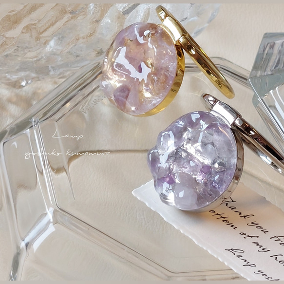 Mサイズ スマホリング 天然石 薄 淡い アメジスト iPhone Android ゴールド シルバー スマホケース・カバー lamp ...