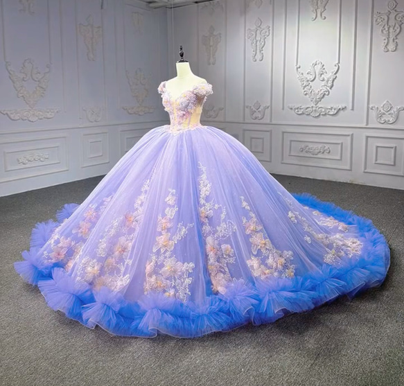 高級感溢れる 二の腕カバー ブルーパープル 編みあげサイズオーダーかのう 咲き誇るフラワー カラードレス チュール結婚式 ドレス noova ...