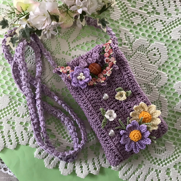 手編み スマホ•携帯ショルダーバッグ（パープル）★サコッシュ ポシェット マーガレット ショルダーバッグ Pearl rose 通販 ...