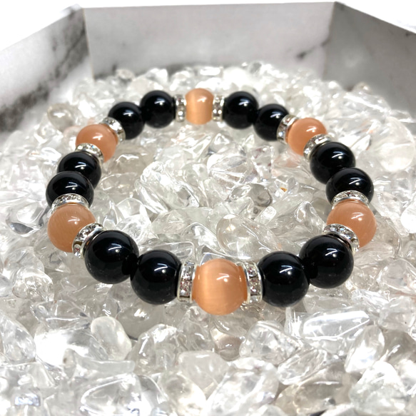 キャッツアイ(オレンジ) オニキス ブレスレット 10mm （シルバー） /パワー ブレス ストーン メンズ・レディース ブレスレット ...