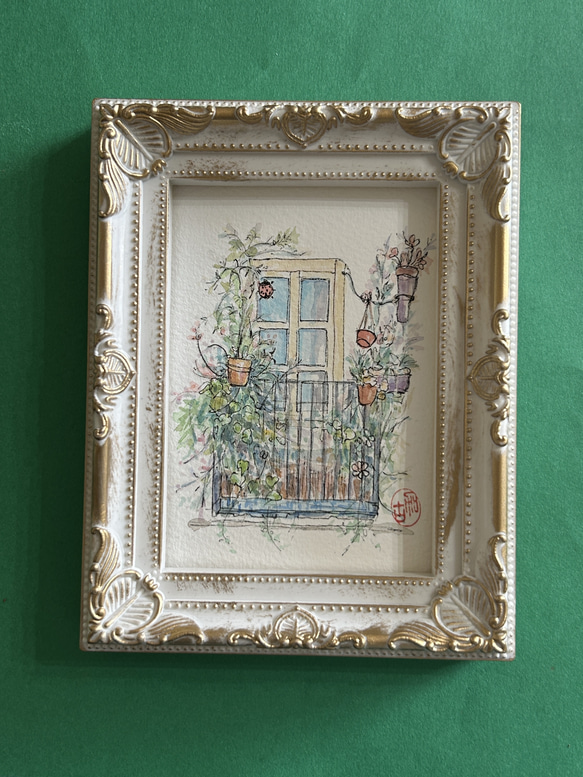 楽しい窓辺（ミニ絵画、水彩画、原画、写真立て付き) 絵画 アトリエまりんこ 通販 19168447｜Creema(クリーマ)