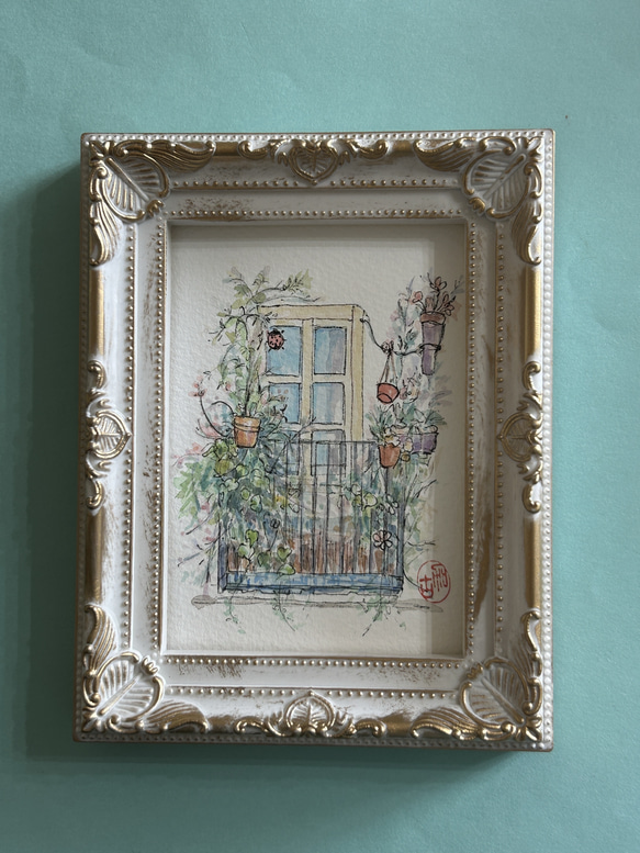 楽しい窓辺（ミニ絵画、水彩画、原画、写真立て付き) 絵画 アトリエまりんこ 通販 19168447｜Creema(クリーマ)