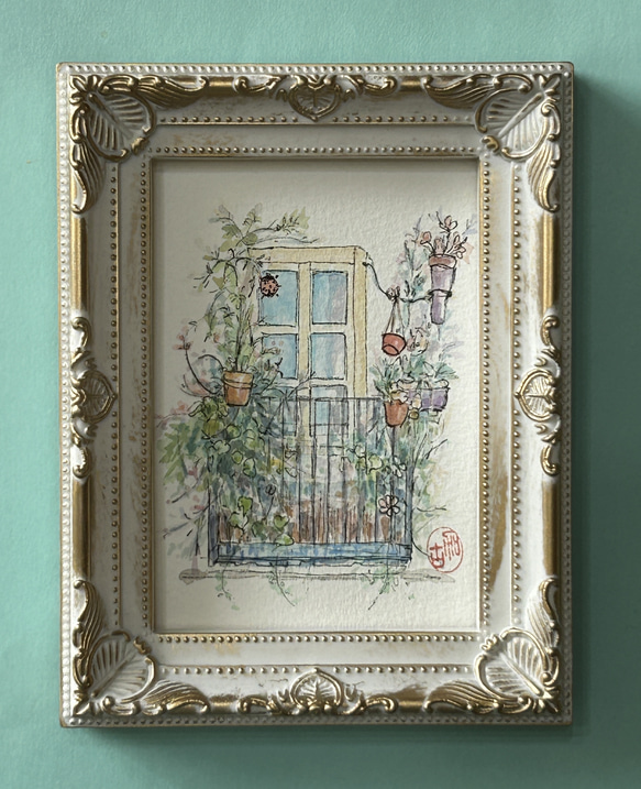 楽しい窓辺（ミニ絵画、水彩画、原画、写真立て付き) 絵画 アトリエまりんこ 通販 19168447｜Creema(クリーマ)