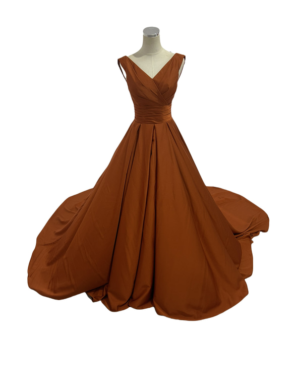 パーティードレス Vネック テラコッタ色 高級イタリアサテン 編み上げ 滑らか ノースリーブ ドレス originaldress 通販 ...