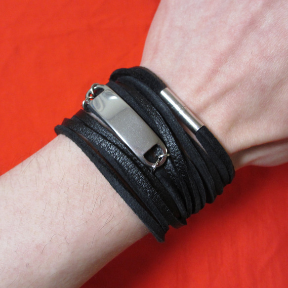 レイヤード レザーブレスレット ブラック ディアスキン プレート 本革 バングル ブレスレット FGD 通販 19178093｜Creema ...