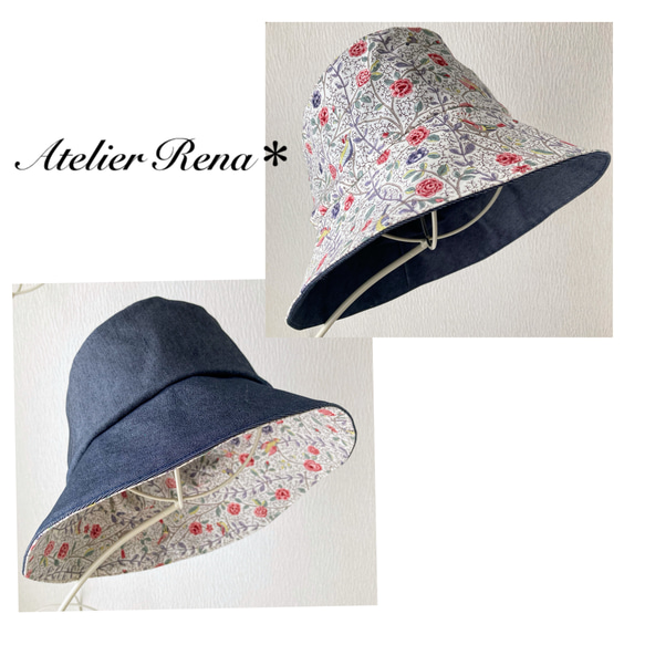 可愛い小鳥たちと赤い花柄コットンとデニムのナチュラルな折りたためるハット ハット Atelier Rena* 通販 19180909｜Creema(クリーマ)