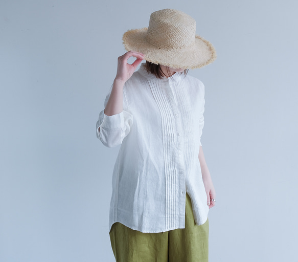 冷感 リネン100％の上品フロントタックシャツ｜涼やか長袖ホワイト｜夏に着まわせるナチュラルな1枚｜T305 ブラウス This. 通販 ...
