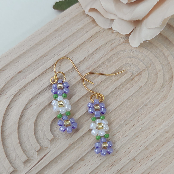 お花の3連ピアス パープル×ホワイト(YM02) ピアス（フック・チェーン） Freight Gallery 通販 19205786 ...