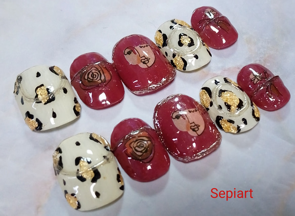 ジェルネイルチップ☆付け爪☆ レオパード×顔ネイル☆ニュアンス☆ひょう柄 ネイルチップ（つけ爪） Sepiart.nail 通販 ...