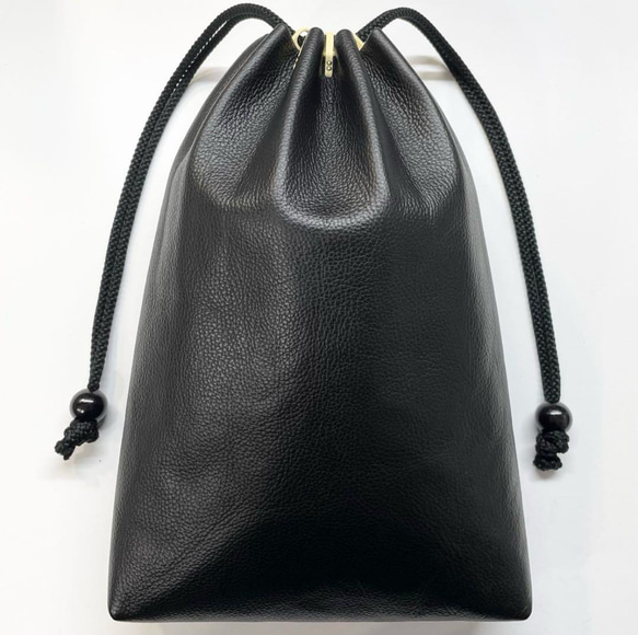 信玄袋(マチ有り、大サイズ)、小シボ型押し牛革、本革、ハギ無し、1枚仕立て、黒 巾着バッグ 火風海〜Hifumi〜 通販 19207997 ...