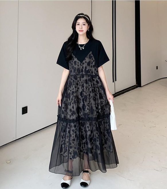 大きいサイズ レディース ロング ワンピース 重ね着風 春夏 秋 新品 半袖 チュニック 大きいサイズ洋服店 通販 19209232 ...