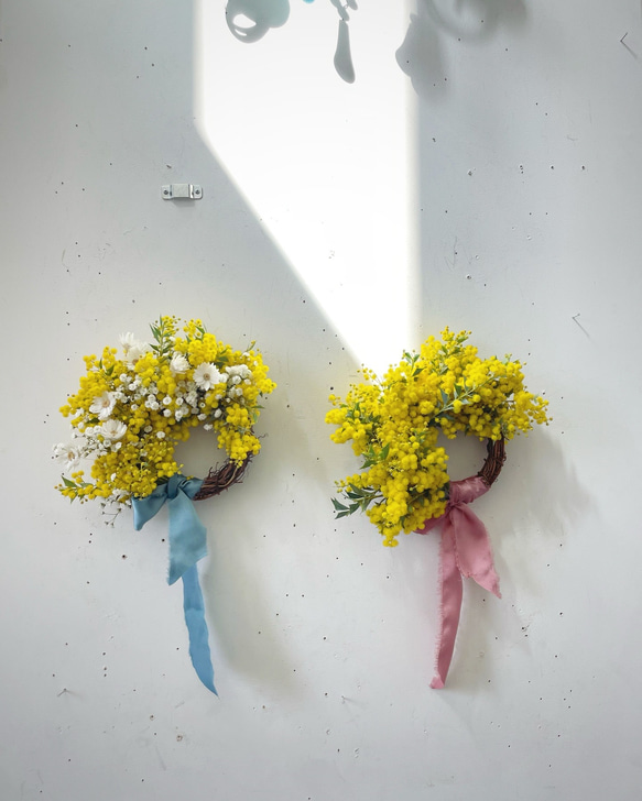 flower wreath " mimosa " ミモザのリース ハーフリース かすみ草 ドライフラワー リース rendez-vous 通販 ...