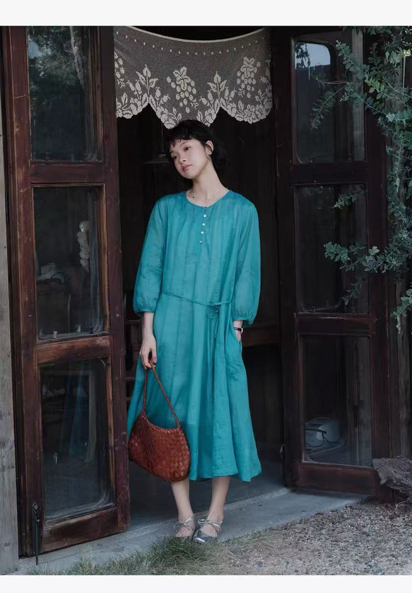 タック入りワンピース ロングワンピース 麻のワンピース ラミー ワンピース hellodream 通販 19264912｜Creema(クリーマ)