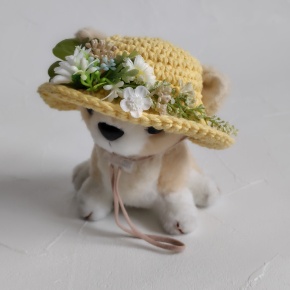 H053立耳用 白いお花の黄色いワンコ帽子 ペット服・アクセサリー wancoknit 通販 19287207｜Creema(クリーマ)