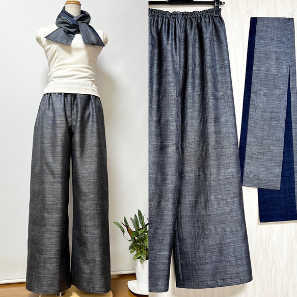 藍亀甲大島紬＊股下71cmワイドパンツ＋ストール＊裏地付き＊着物リメイク キュロット・ワイドパンツ motoiiot 通販 19296196 ...