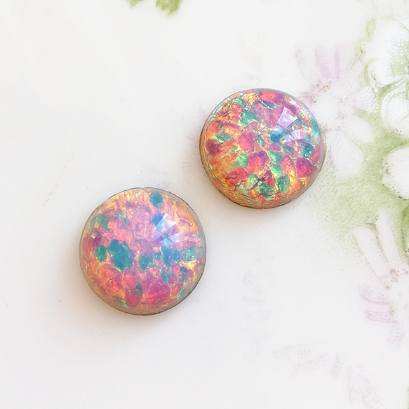 【1個】ヴィンテージ ドイツ ピンクファイヤーオパール ガラス カボション ラウンド 13mm/PB3461 ビジュー・クリスタル Not ...