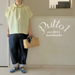限定7着「受注生産」グリーンのギンガム・播州織リネン×手刺繍スカラップのフレンチスリーブ ギャザー ブラウス ブラウス putto1（プット ...