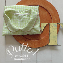 限定7着「受注生産」グリーンのギンガム・播州織リネン×手刺繍スカラップのフレンチスリーブ ギャザー ブラウス ブラウス putto1（プット ...