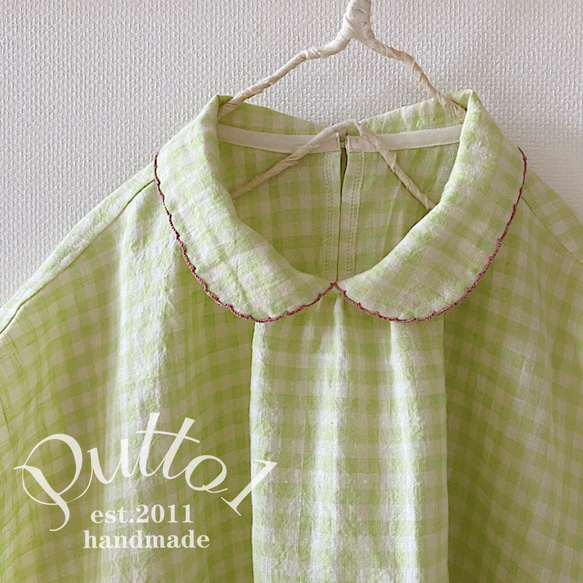 限定7着「受注生産」グリーンのギンガム・播州織リネン×手刺繍スカラップのフレンチスリーブ ギャザー ブラウス ブラウス putto1（プット ...