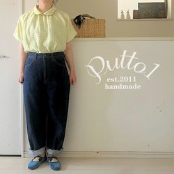 限定7着「受注生産」グリーンのギンガム・播州織リネン×手刺繍スカラップのフレンチスリーブ ギャザー ブラウス ブラウス putto1（プット ...