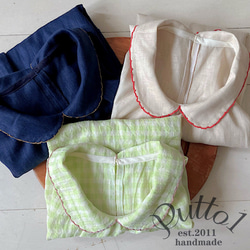 限定7着「受注生産」グリーンのギンガム・播州織リネン×手刺繍スカラップのフレンチスリーブ ギャザー ブラウス ブラウス putto1（プット ...