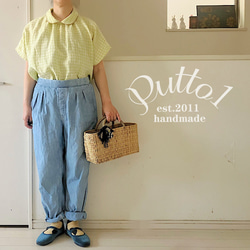 限定7着「受注生産」グリーンのギンガム・播州織リネン×手刺繍スカラップのフレンチスリーブ ギャザー ブラウス ブラウス putto1（プット ...