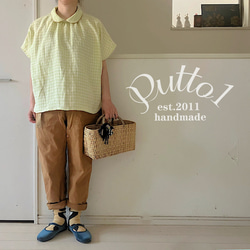 限定7着「受注生産」グリーンのギンガム・播州織リネン×手刺繍スカラップのフレンチスリーブ ギャザー ブラウス ブラウス putto1（プット ...