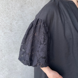 小柄S リネンコットン♡バスト110㎝ 超ゆったり&着やせ♡お袖レースコンビワンピース 黒 KMC-765 537487 ワンピース keep ...