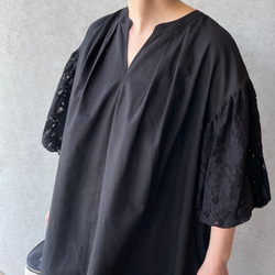 小柄S リネンコットン♡バスト110㎝ 超ゆったり&着やせ♡お袖レースコンビワンピース 黒 KMC-765 537487 ワンピース keep ...