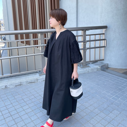 小柄S リネンコットン♡バスト110㎝ 超ゆったり&着やせ♡お袖レースコンビワンピース 黒 KMC-765 537487 ワンピース keep ...