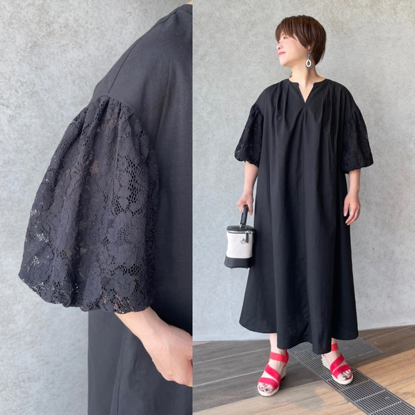小柄S リネンコットン♡バスト110㎝ 超ゆったり&着やせ♡お袖レースコンビワンピース 黒 KMC-765 537487 ワンピース keep my closet 通販 19318031 ...